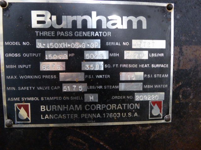 Used Boiler – Burnham 150 HP 6276000 BTU Natural Gas Boiler BL2029 ...